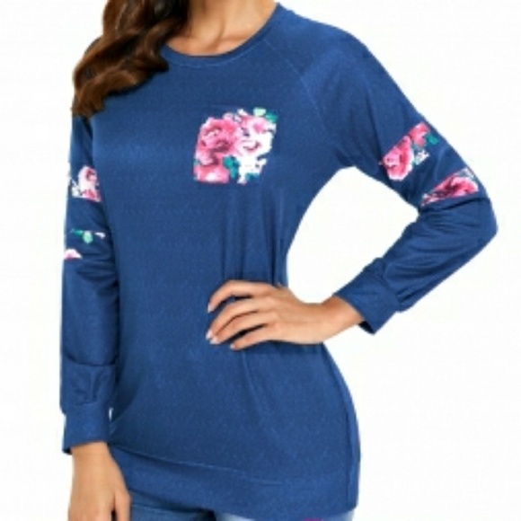 Tops | Dark Blue Long Sleeve Floral Sweater | Poshmark